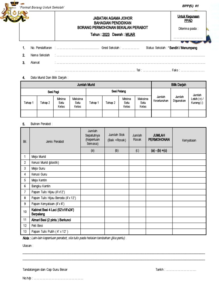 Borang Permohonan Bekalan Perabot - Diisi Oleh Sekolah (BPP (S) 01 & 02 | PDF
