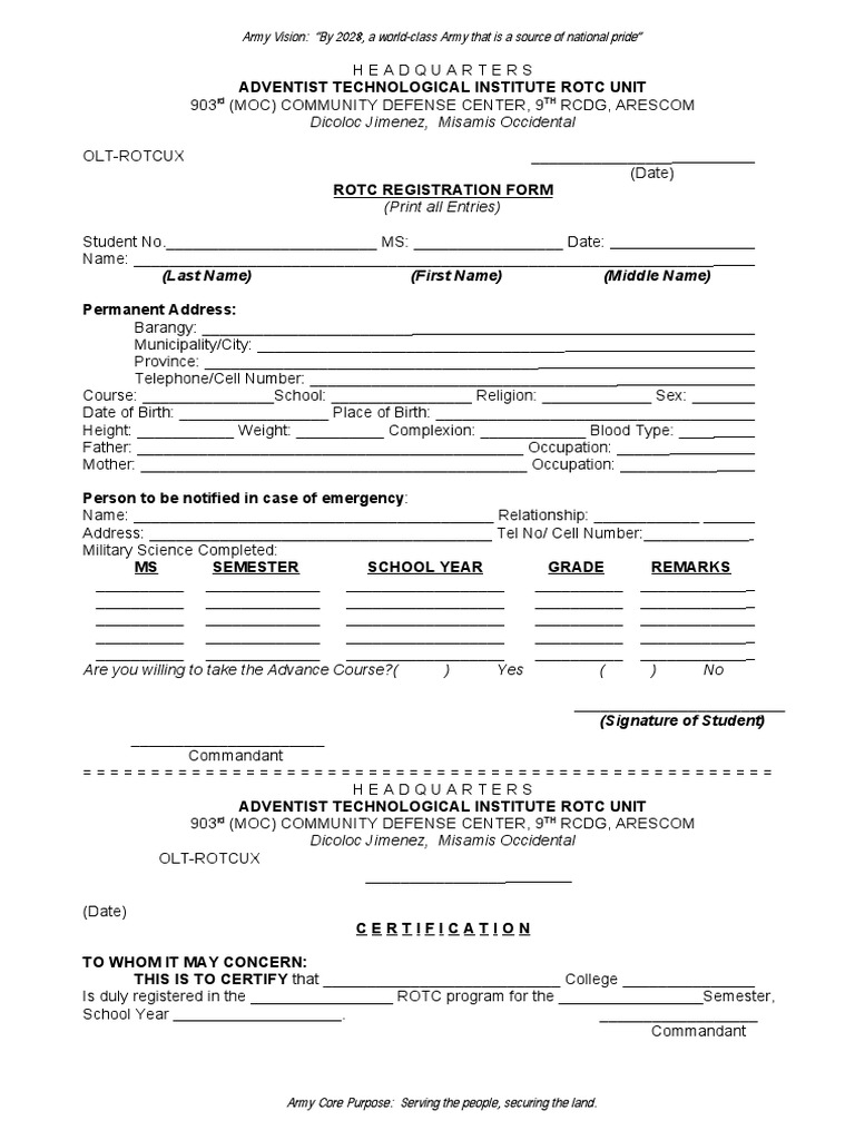 ROTC Registration Form | PDF