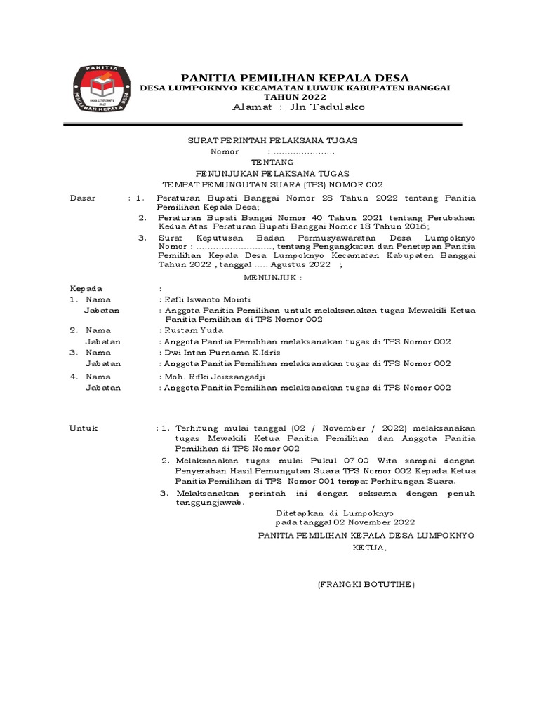 Surat Perintah Pelaksana Tugas TPS | PDF