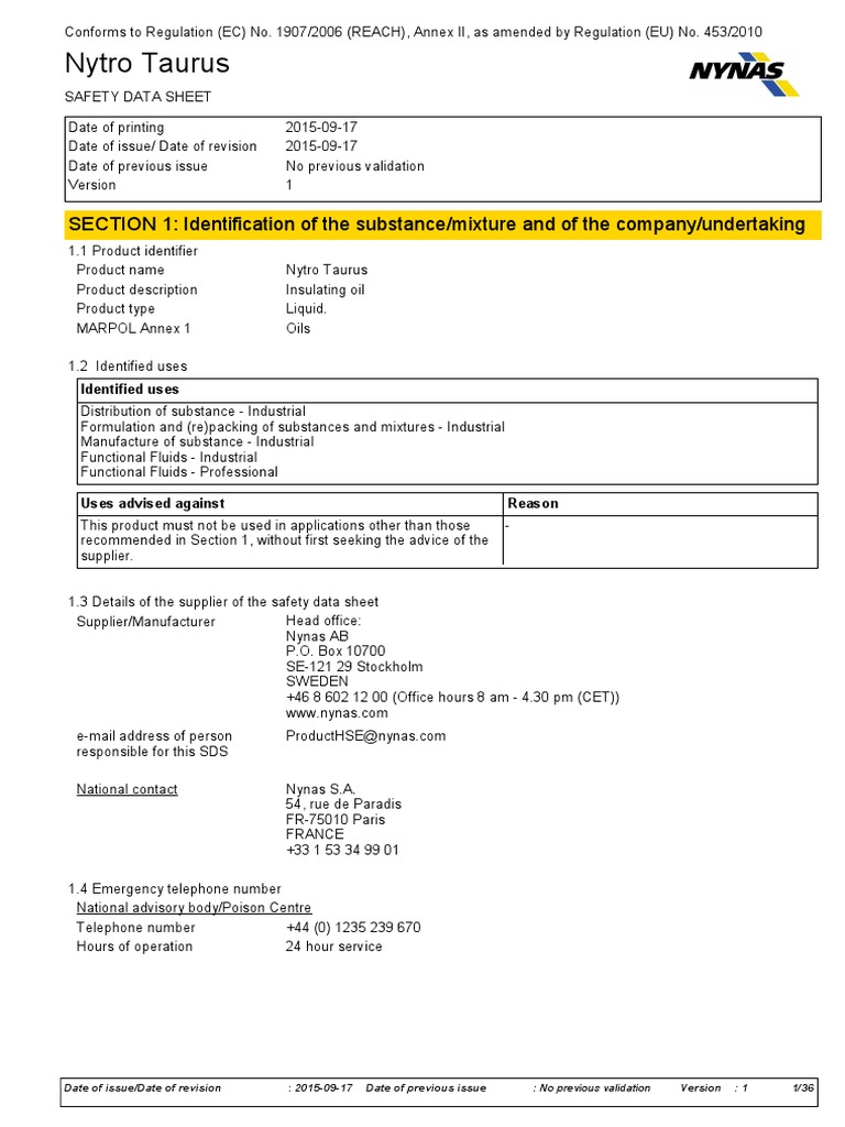 Nytro Taurus Safety Data Sheet | PDF | First Aid | Materials