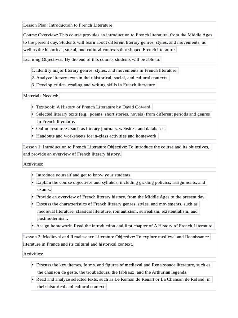 French Literatrure 101 Lesson Plan | PDF | Lesson Plan | Romanticism