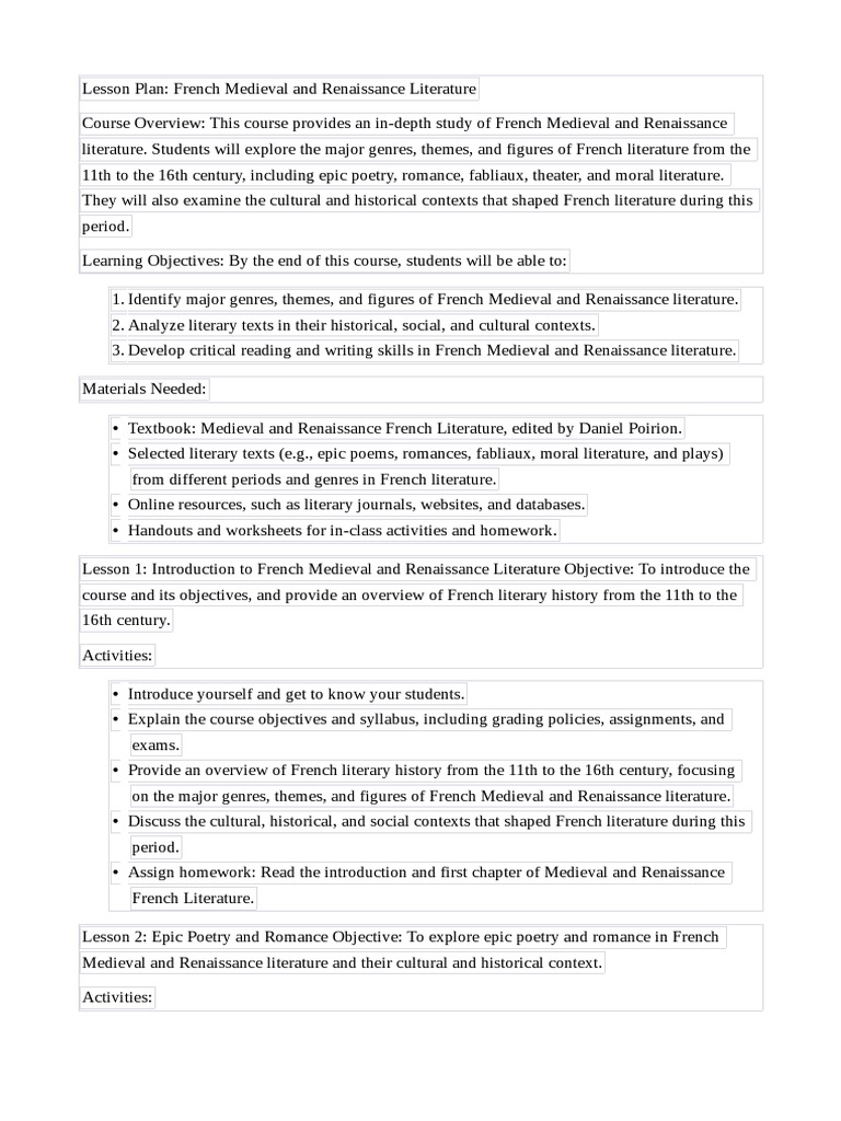 French Literature 102 Medieval and Renaissance Literature Lesson Plan ...