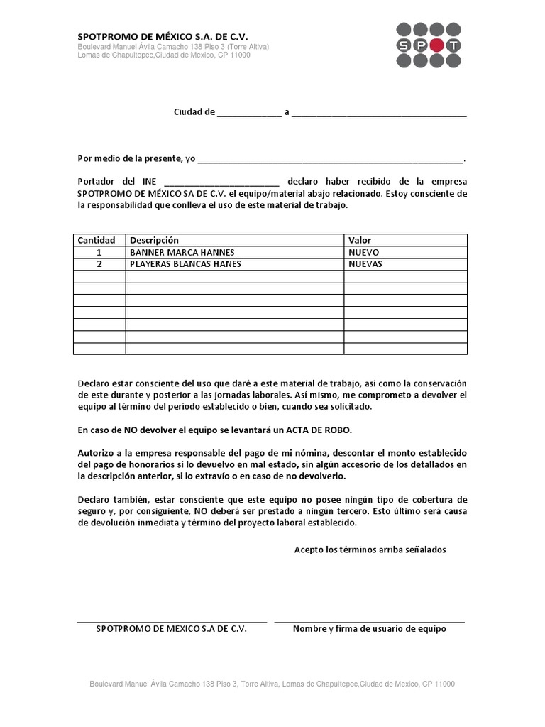 CARTA RESPONSIVA Materiales & Herramientas HANES.pdf | PDF