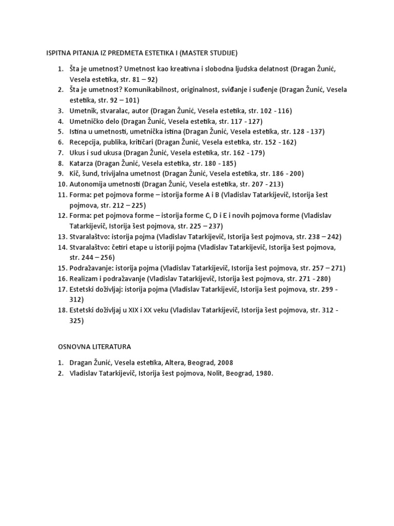 Ispitna Pitanja Iz Predmeta Estetika I | PDF