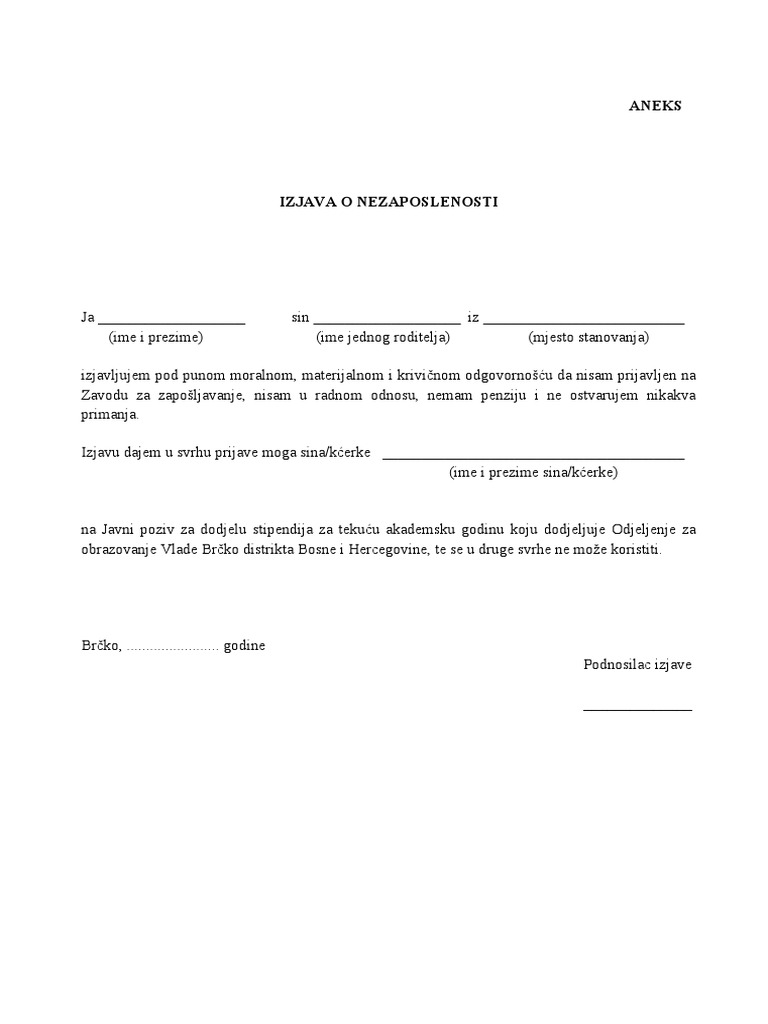 ANEKS - Izjava o Nezaposlenosti BOS | PDF