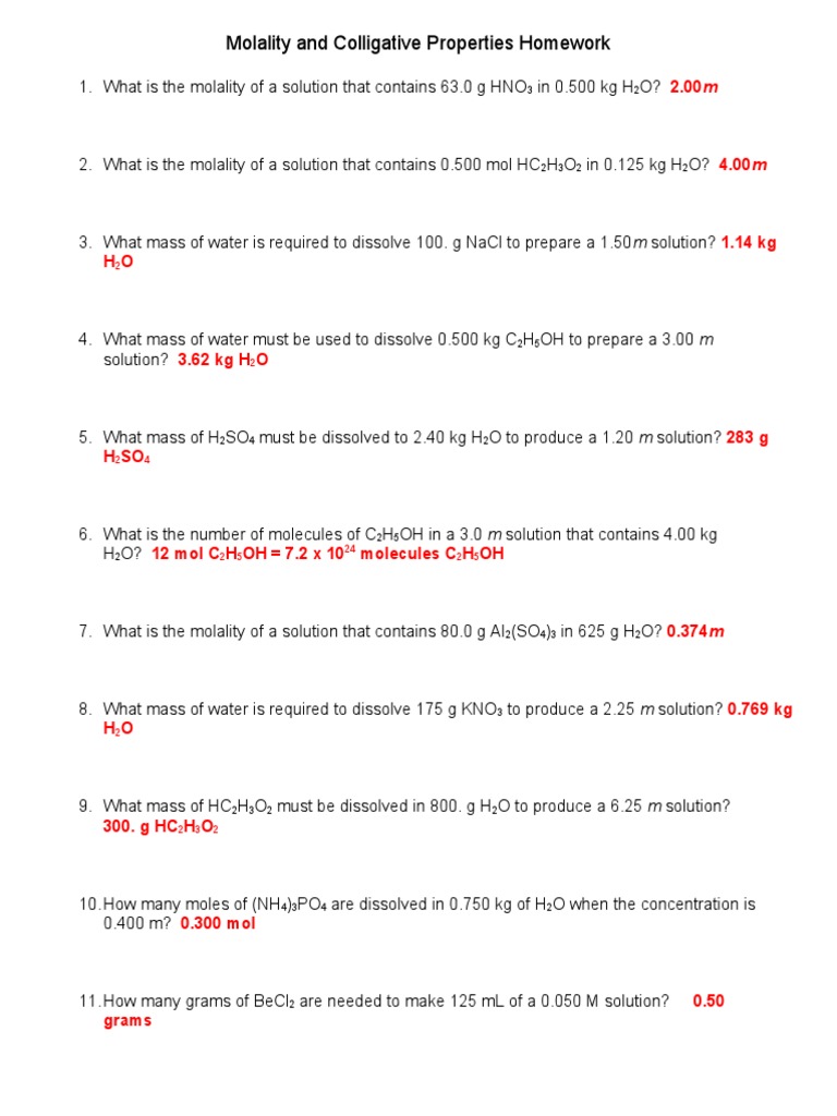 Molality and Colligative Properties Homework Chemistry | PDF | Mole ...
