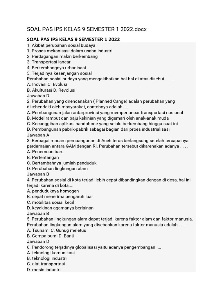 Soal Pas Ips Kelas 9 Semester 1 2022 | PDF