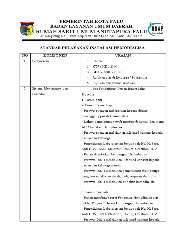 Standar Pelayanan Instalasi Hemodialisa | PDF