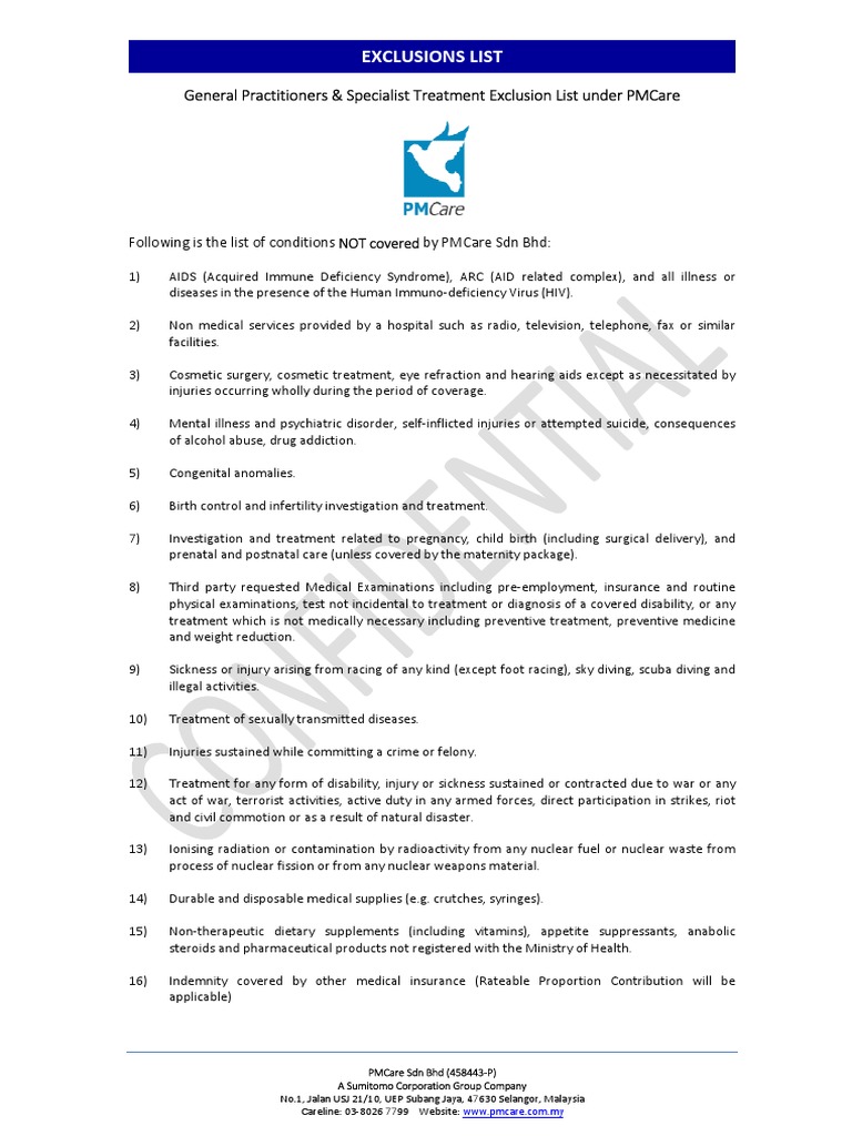 PMCare Treatment Exclusion List | PDF | Hiv/Aids | Mental Disorder
