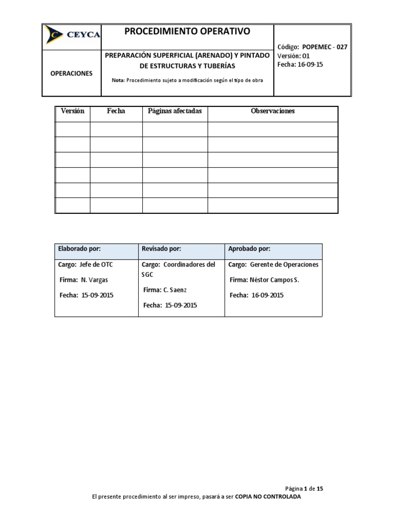 POPEMEC - 027 P. DE PREPARACION SUPERFICIAL (Arenado) Y PINTADO DE ESTRUCTURAS - Version 1 | PDF ...