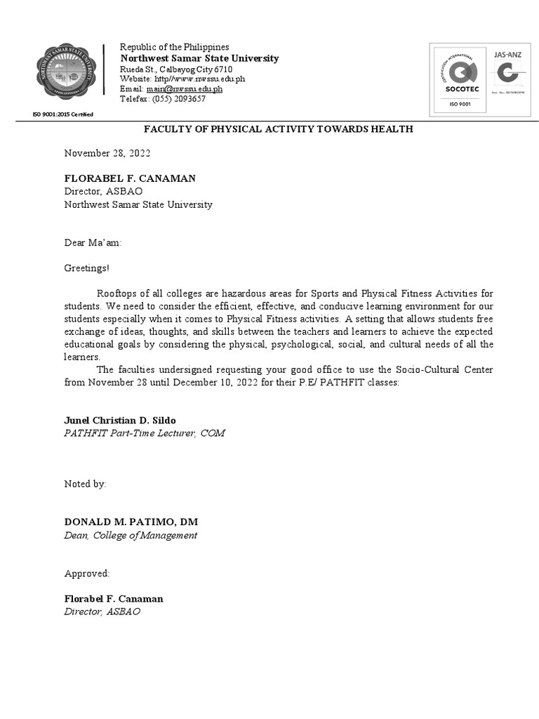 Request Letter Fee Use of Gym | PDF