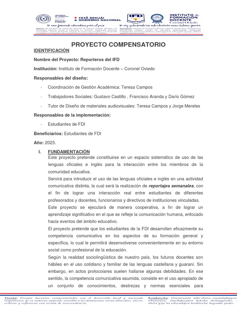 Proyecto Compensatorio - Reporteros Del IFD PDF | PDF | Maestros ...