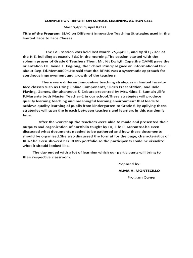 SLAC Completion Report: Innovative Teaching Strategies | PDF | Wellness