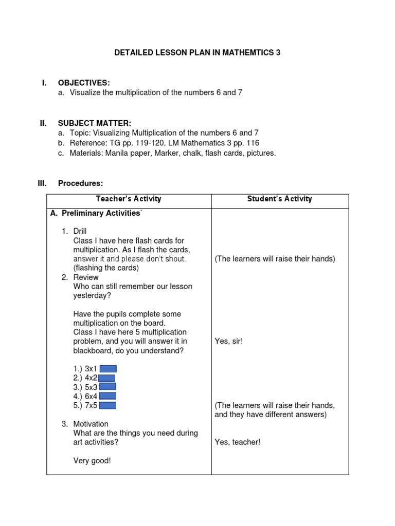 (DETAILED LESSON PLAN IN MATHEMTICS 3) | PDF | Multiplication | Lesson Plan