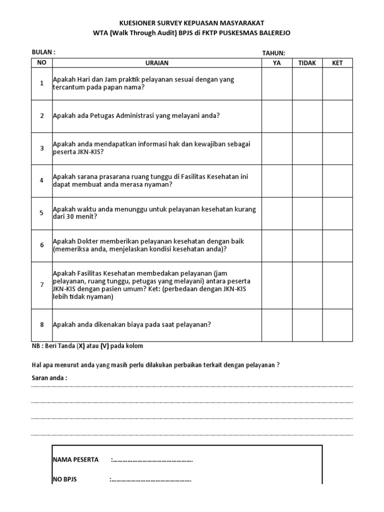 Kuesioner Wta BPJS | PDF