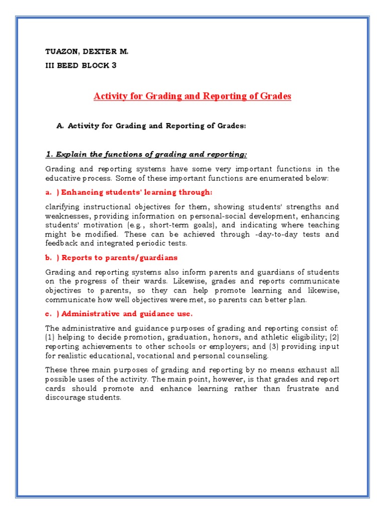 Activity For Grading and Reporting of Grades | PDF | Teachers | Cognition
