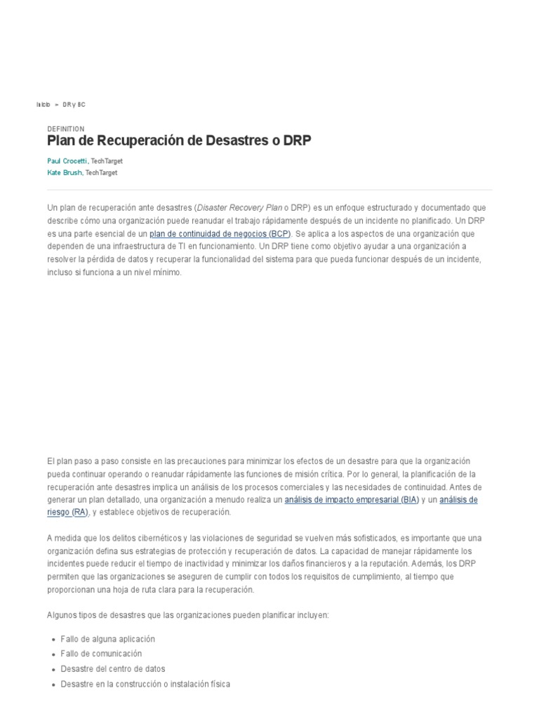 ¿Qué Es Plan de Recuperación de Desastres o DRP - Definición en | PDF