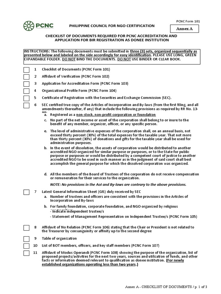 Annex A Form 101 Checklist of Documents | PDF | Board Of Directors ...