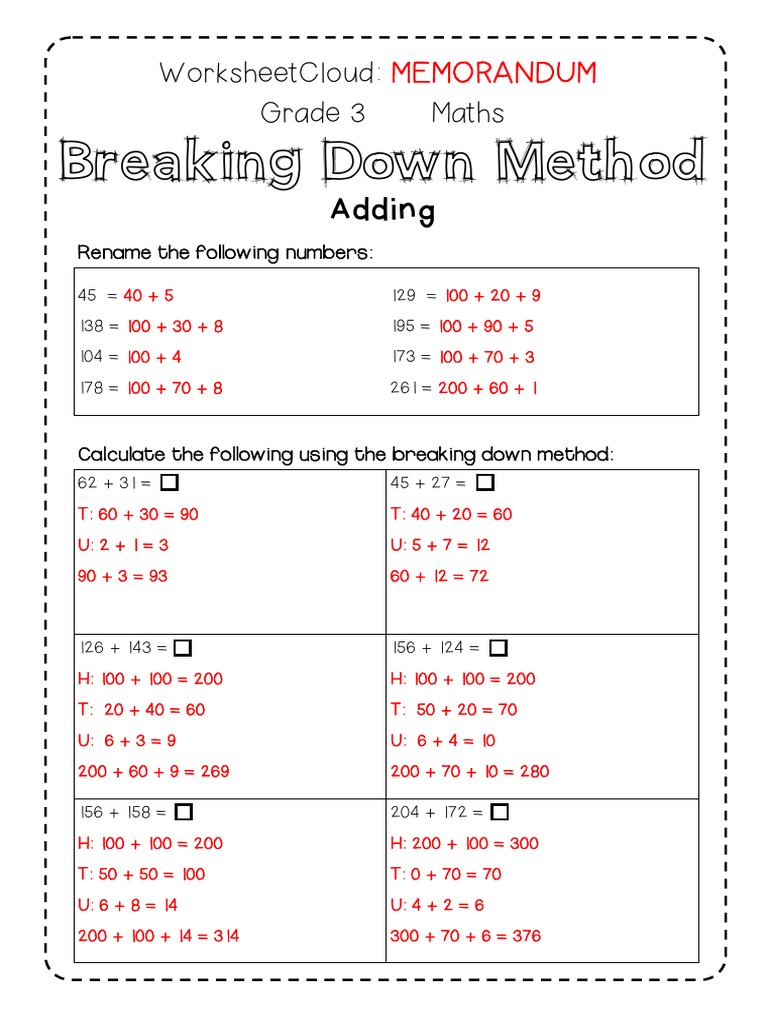 WSC Gr3 Maths Breaking Down Method Adding Memo1 | PDF WSC Gr3 Maths Breaking Down Method Adding Memo1 | PDF