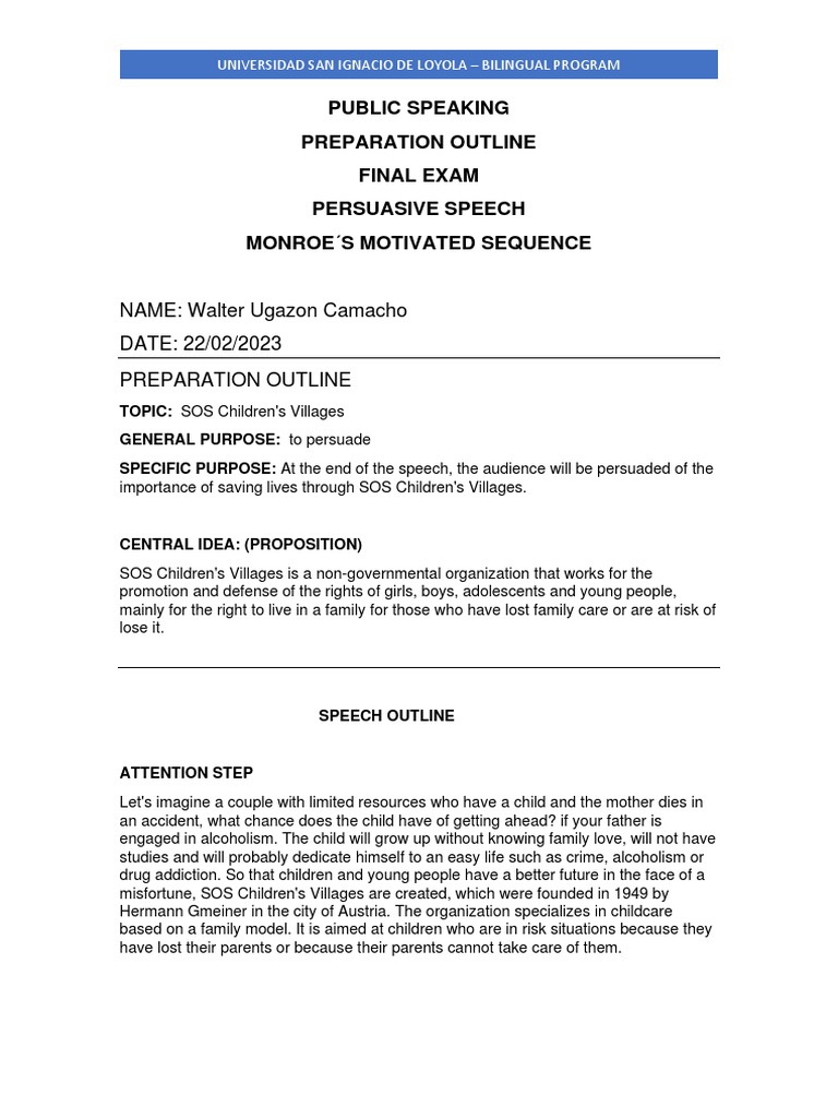 TEMPLATE PUBLIC SPEAKING OUTLINE FINAL EXAM 23 00 Walter Ugazon | PDF ...