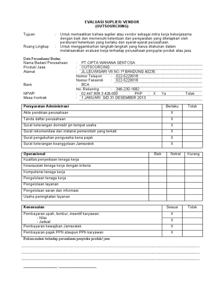 Form Evaluasi Vendor New | PDF