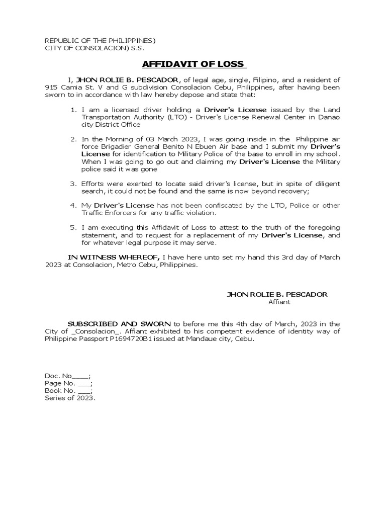 Sample Affidavit of Loss Drivers License | PDF
