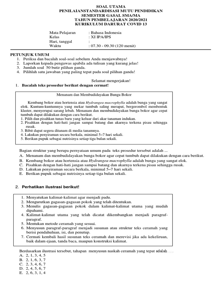 Soal Utama PSMP Bahasa Indonesia Xi 2020-2021 | PDF