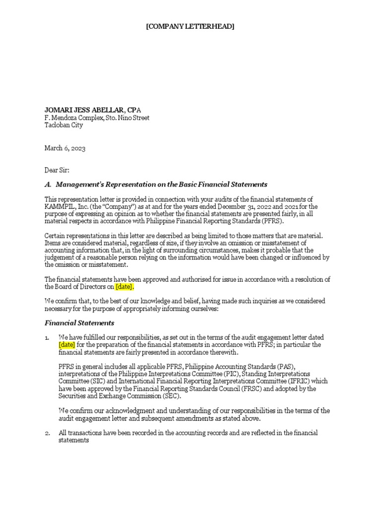 Management Representation Letter 2023 | PDF | Fair Value | Financial ...