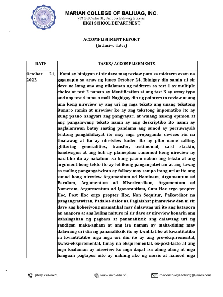 ACCOMPLISMENT REPORT Format | PDF