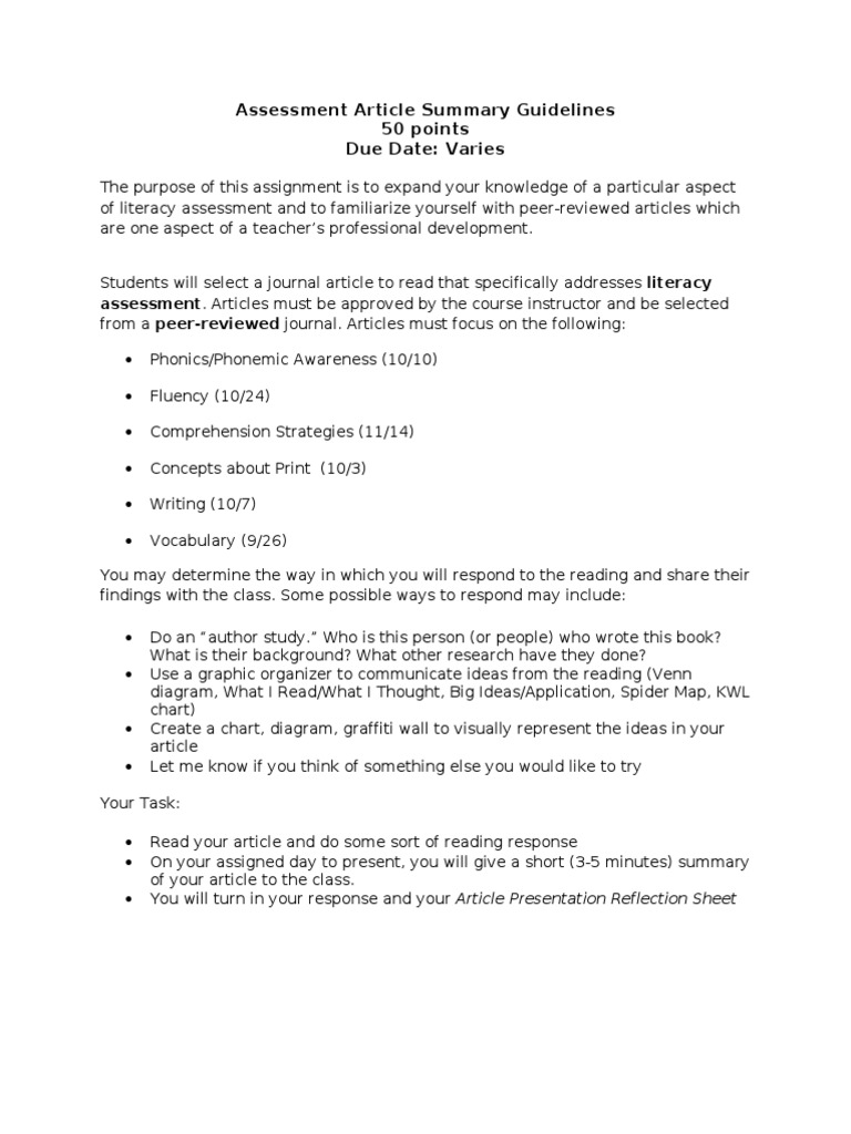 Literacy Assessment Article Summary Guide | PDF