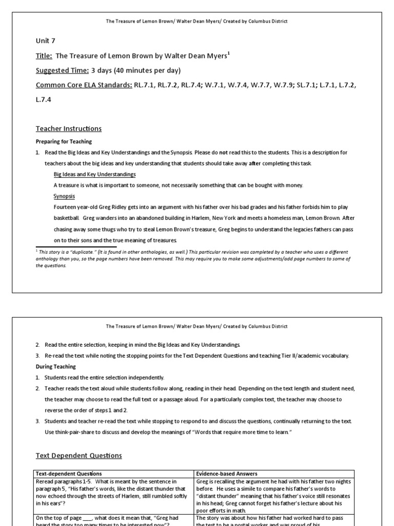 Treasure of Lemon Brown. Lesson - Anthology | PDF