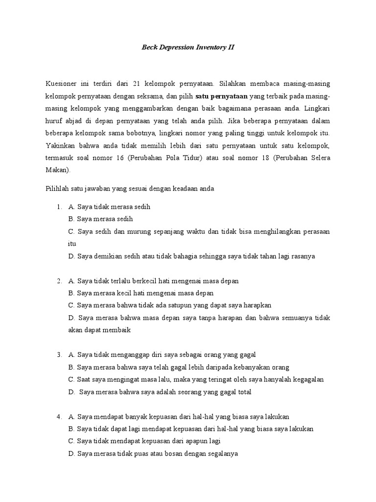 Kuesioner Beck Depression Inventory II | PDF