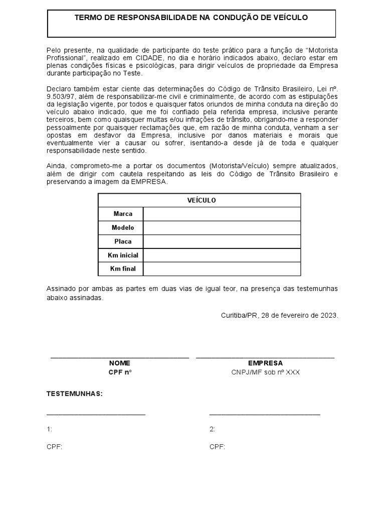 Termo De Responsabilidade Teste Motorista Pdf