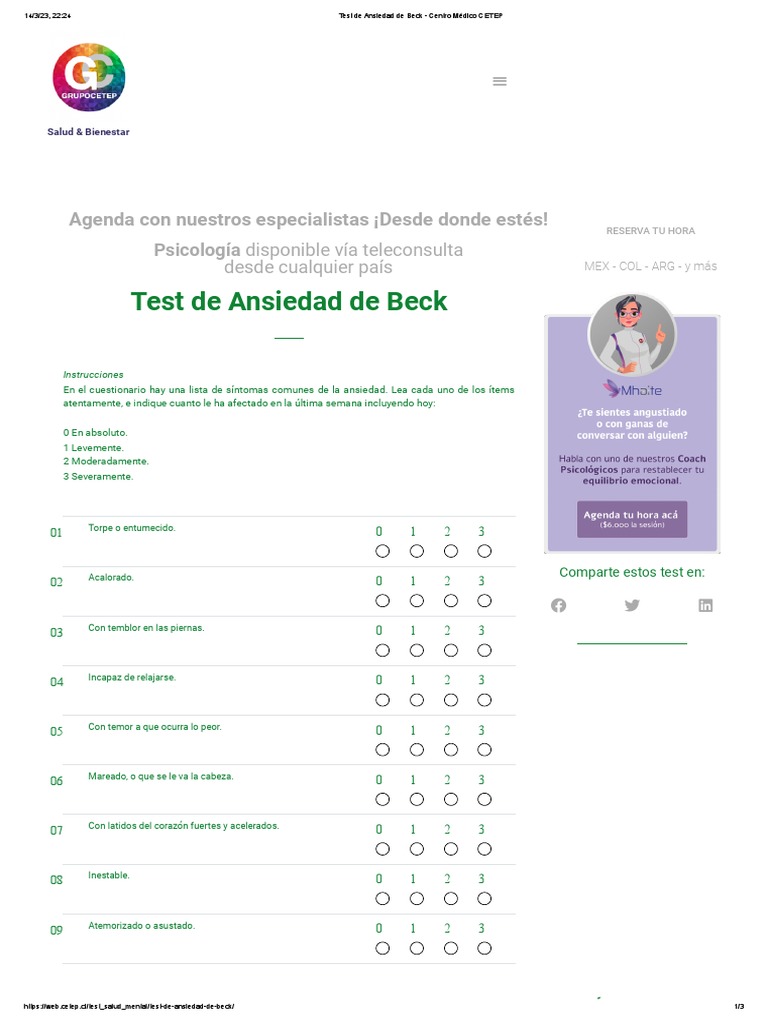 Test de Ansiedad de Beck - Centro Médico CETEP PDF | PDF | Ansiedad ...