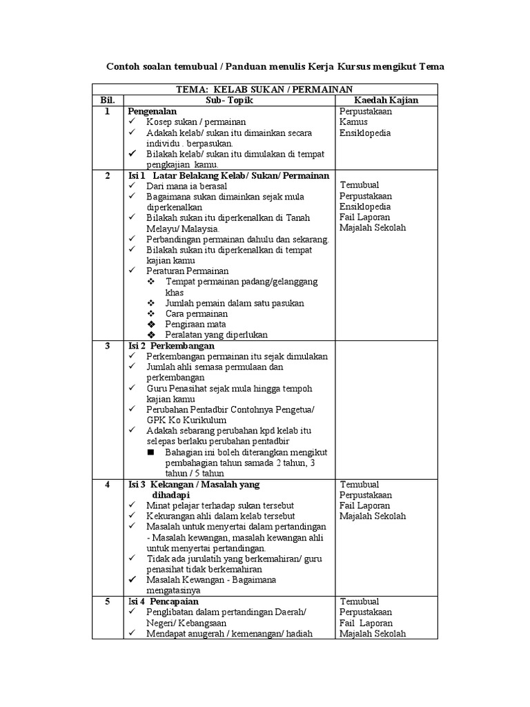 Contoh Soalan Temubual Panduan Menulis Kerja Kursus Sejarah Mengikut | PDF