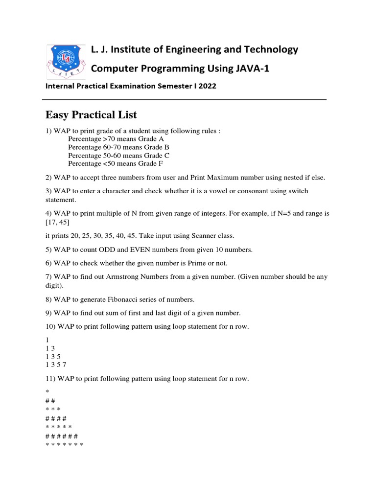Java Ipe Practical List | PDF | Method (Computer Programming) | Programming Java Ipe Practical List | PDF | Method (Computer Programming) | Programming
