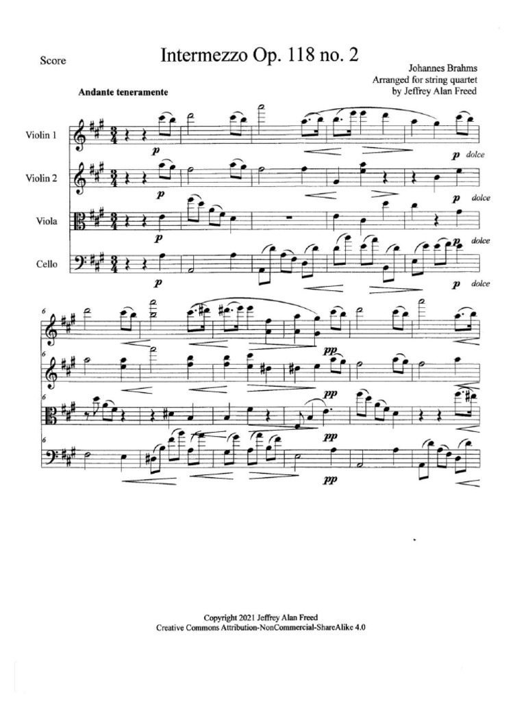 Brahms - (Quartet) Intermezzo Op 118 No 2 | PDF