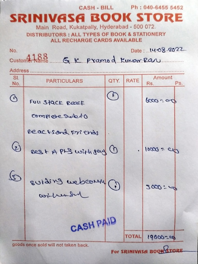 Receipt for books, stationery, and recharge cards purchased from ...