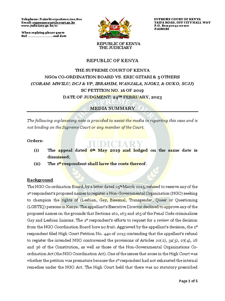 MEDIA SUMMARY, SC Petition No.16 of 2019, NGOS CO-ORDINATION BOARD VS. ERIC GITARI & 5 OTHERS ...