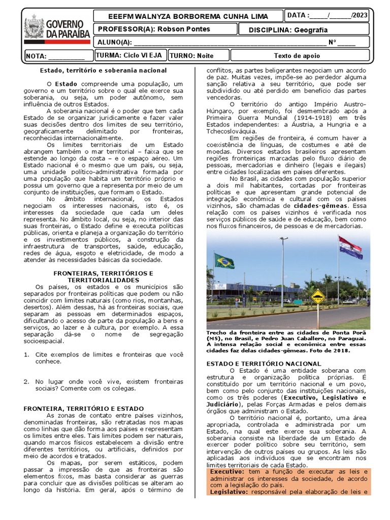 Atividade 01 - Ciclo VI EJA - Geografia - Semana 01 - WBCL - Estado, Território e Soberania ...
