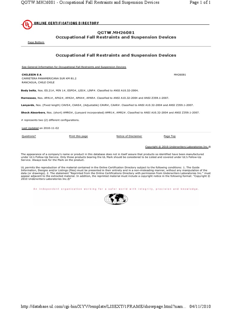 Cert UL - ANSI A10 32 - ANSI Z359 1-2007 | PDF