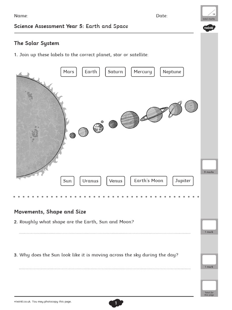 Year 5 Earth and Space Assessment | PDF | Planets | Natural Satellite