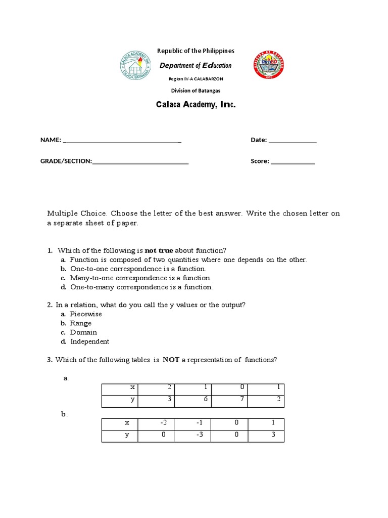 Assessment Grade 11 | PDF | Function (Mathematics)
