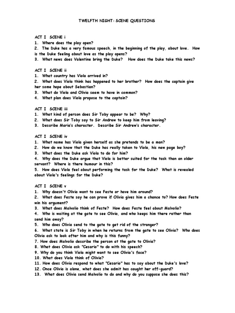Twelfth Night Scene Questions Guide | PDF
