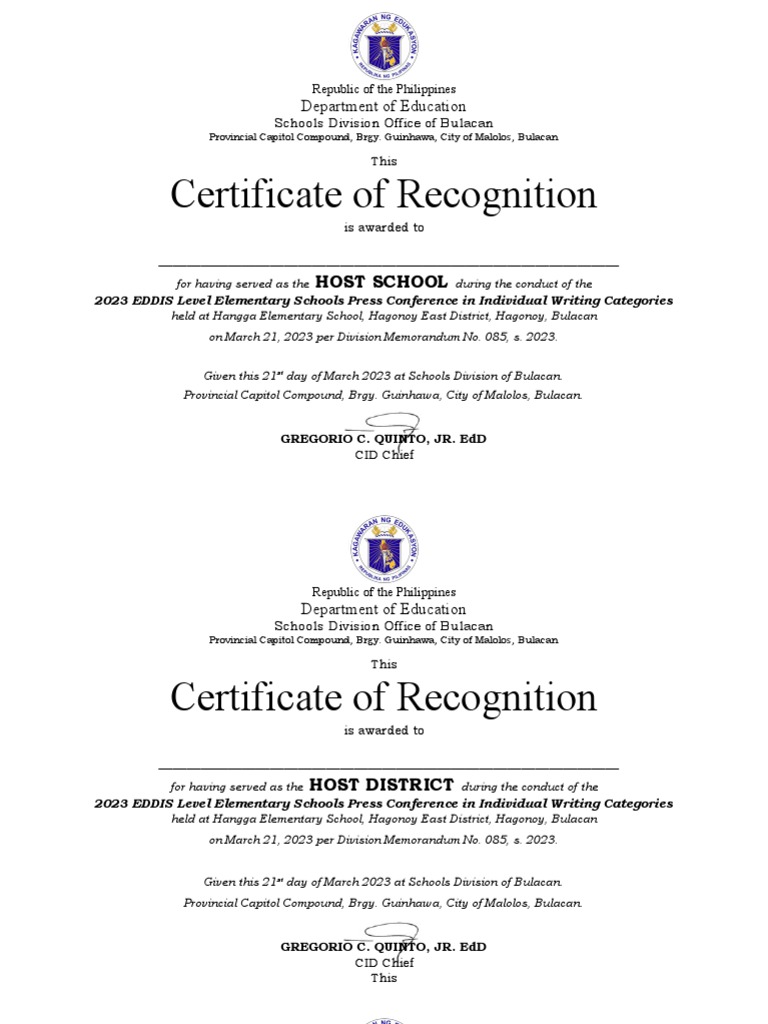 Certificate of Recognition Elementary EDDIS Level Press Conference TWG ...