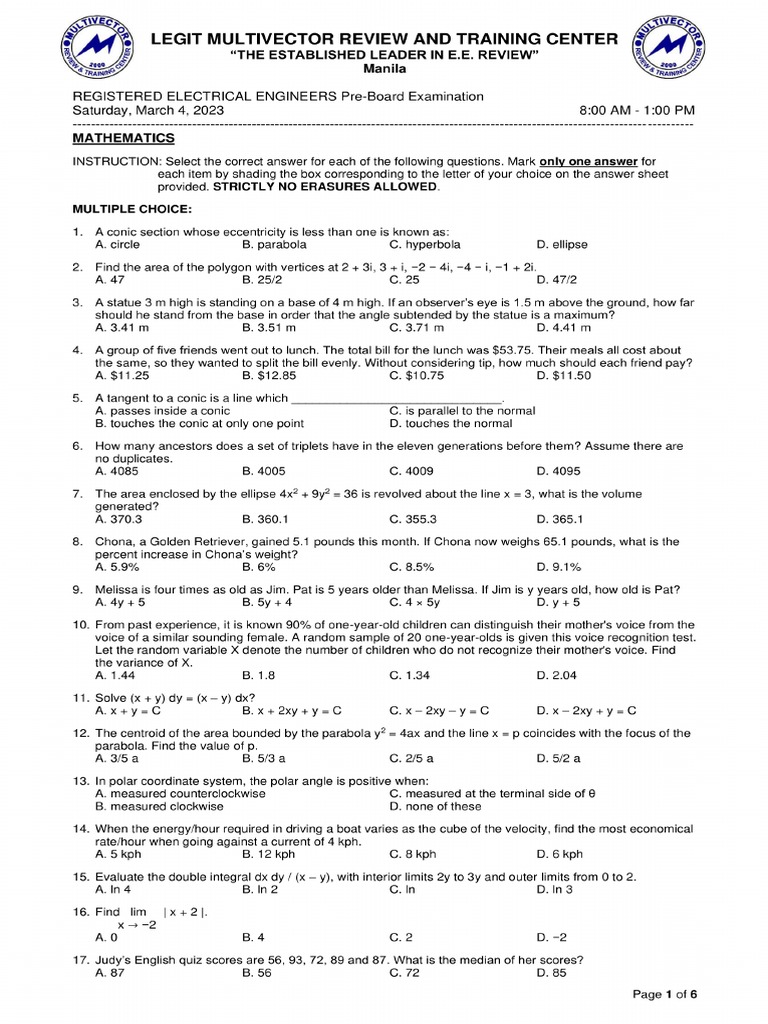 Mathematics Preboard Exam March 2023 | PDF