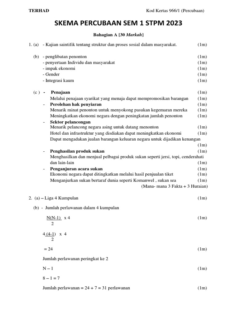 Skema Percubaan Sains Sukan Sem 1 STPM 2023 PDF | PDF