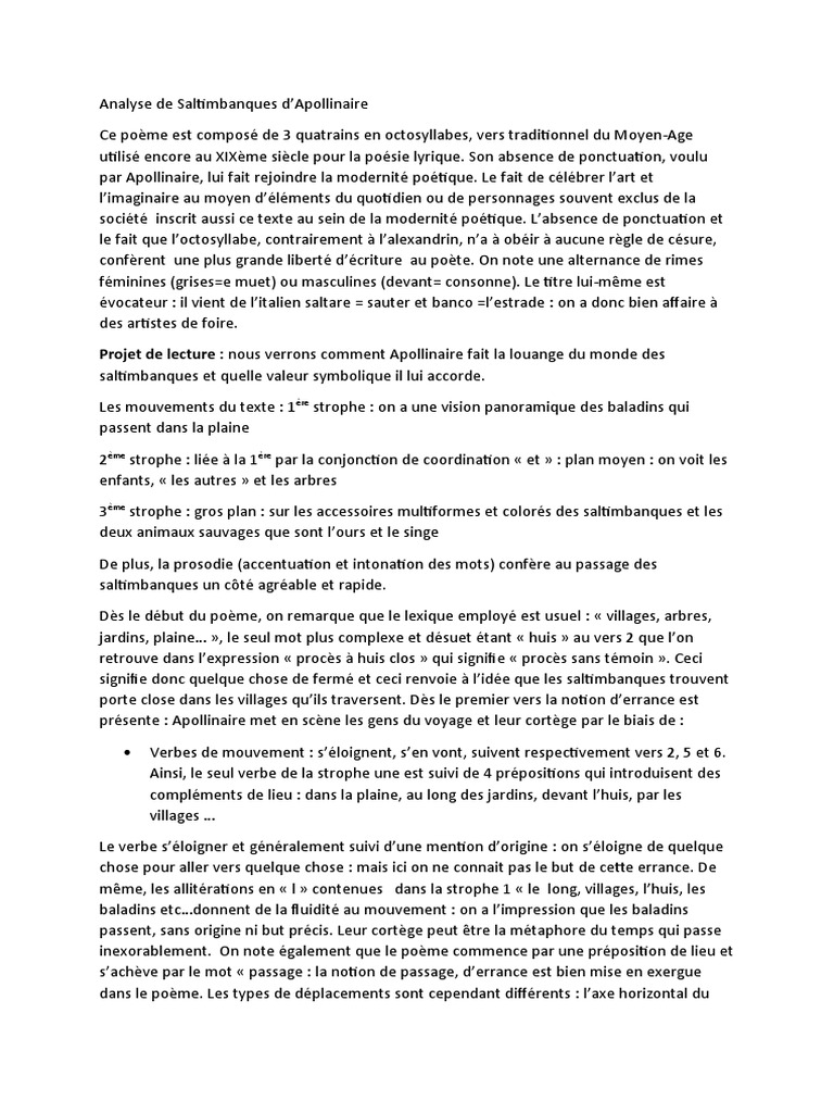Analyse des Saltimbanques d'Apollinaire | PDF | Poésie | Euphonie