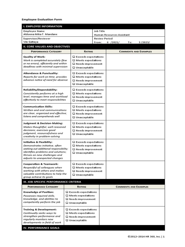 Employee Evaluation Form | PDF | Performance Appraisal | Organizational ...