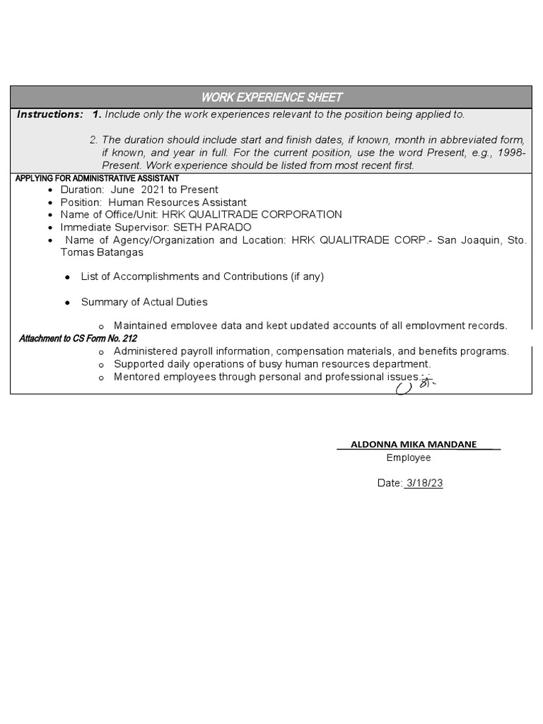 CS Form No. 212 Attachment - Work Experience Sheet | PDF